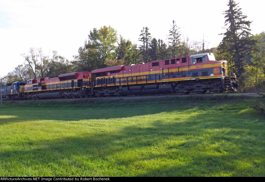 KCS 4817 leads KCS 4156 and CSX 7519 at Minnesota City, MN_ 10-7-15